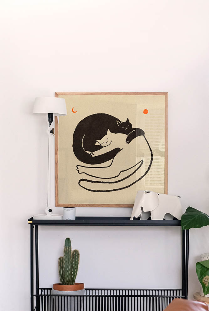 Black & White Cat Cuddle Art Print - Unframed | Rockett St George