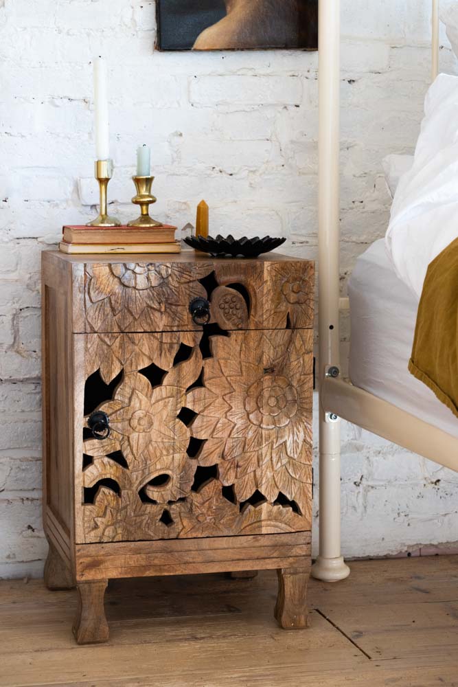 Carved Floral Design Wood Bedside Table | Rockett St George