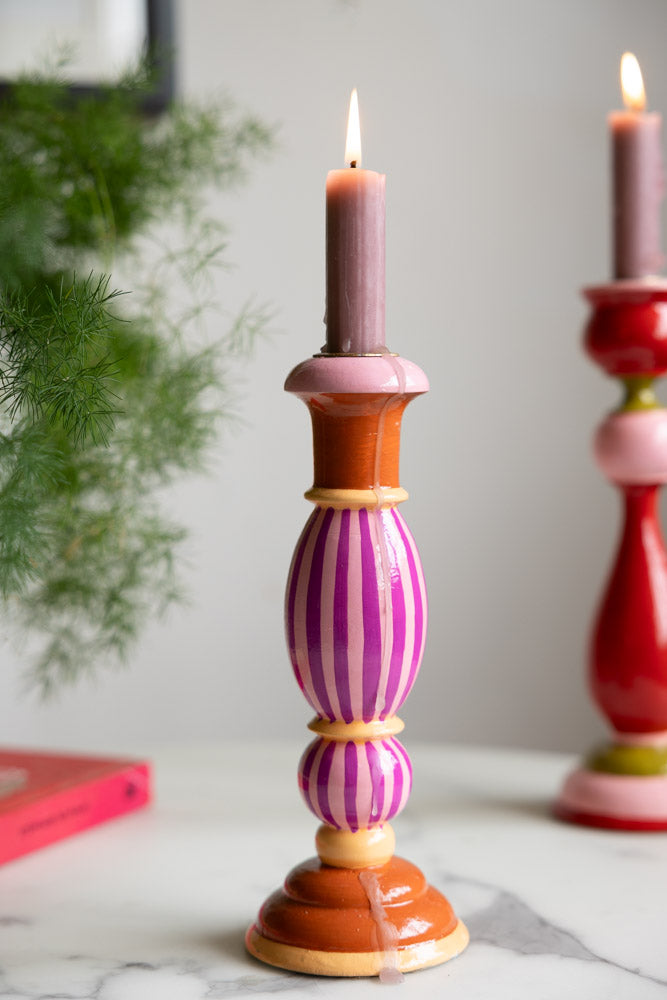Colourful Candlestick Holder in Pink Stripes | Rockett St George