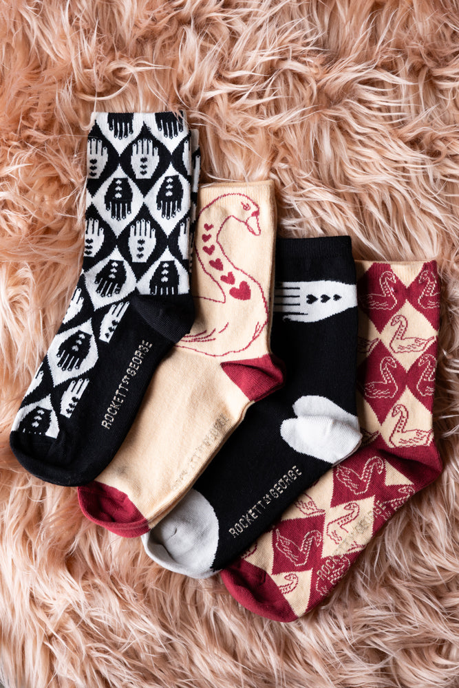 Pack Of 4 Monochrome Hand Print & Red Swan Socks | Rockett St George