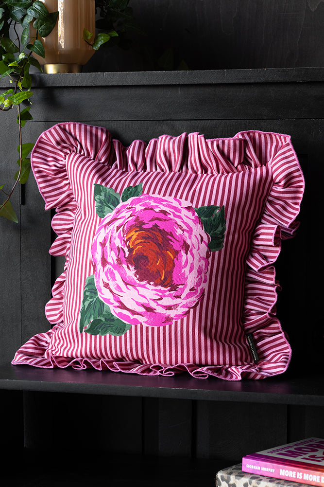 Pink & Red Stripe Floral Cushion With Frilled Edge | Rockett St George