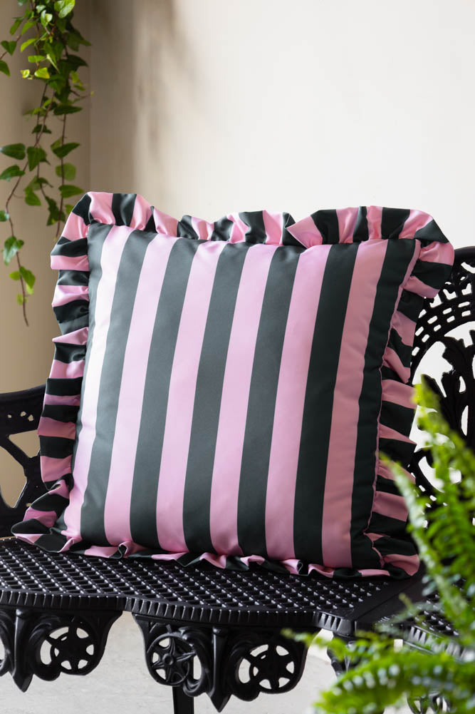 Pink & Green Stripe Outdoor Cushion with Frill Edge | Rockett St George