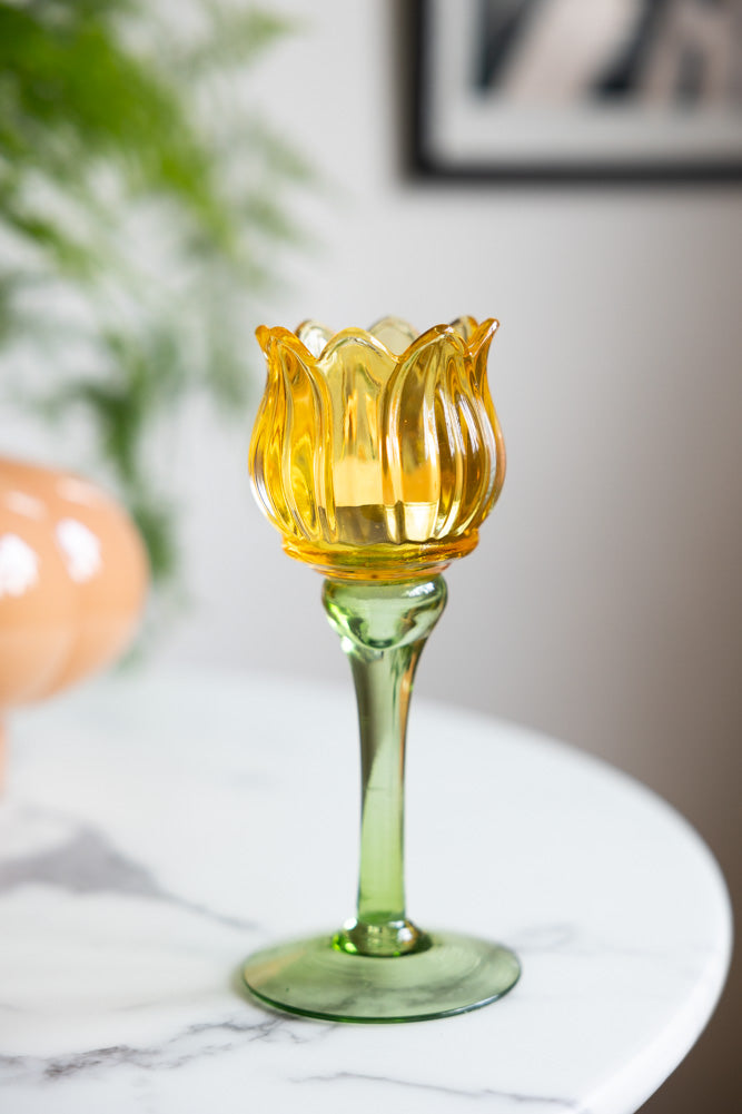 Vintage-Style Yellow Glass Flower Candle Holder | Rockett St George
