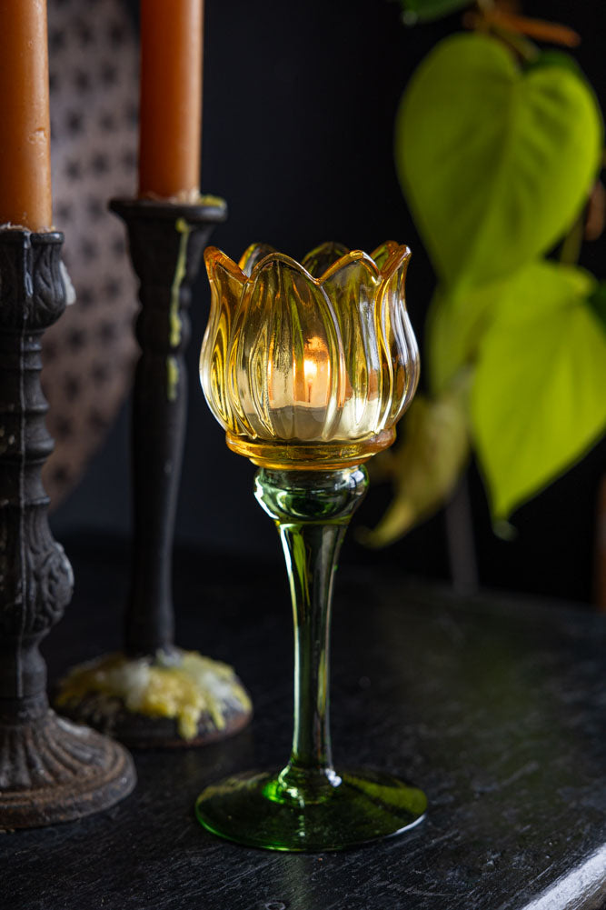 Vintage-Style Yellow Glass Flower Candle Holder | Rockett St George