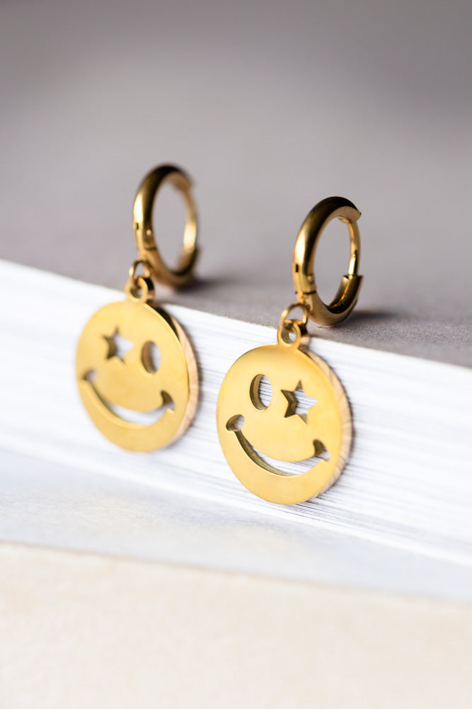 Waterproof Gold Wink Face Charm Earrings | Rockett St George